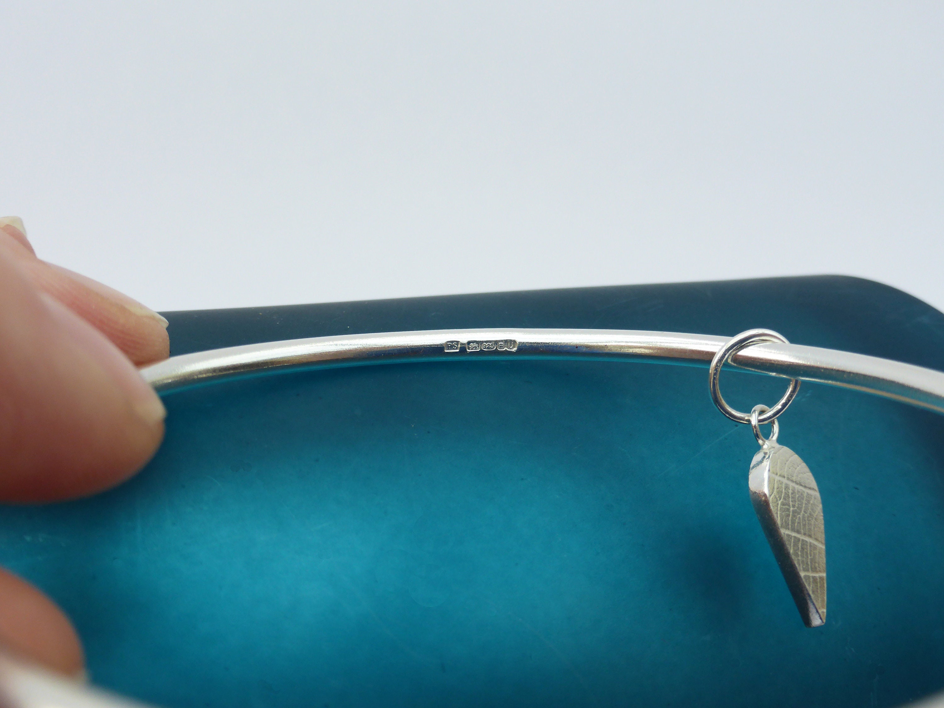 Solid Silver Bangle With Leaf Pattern Charm Silver Leaf - Etsy