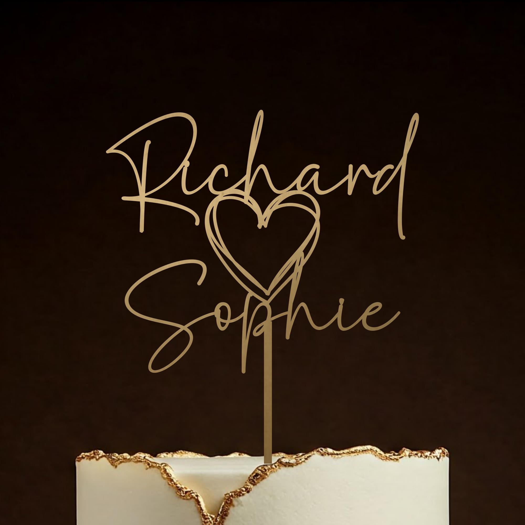 Gold Rustic Wedding Heart Cake Topper, Personalised Wedding Decor ...