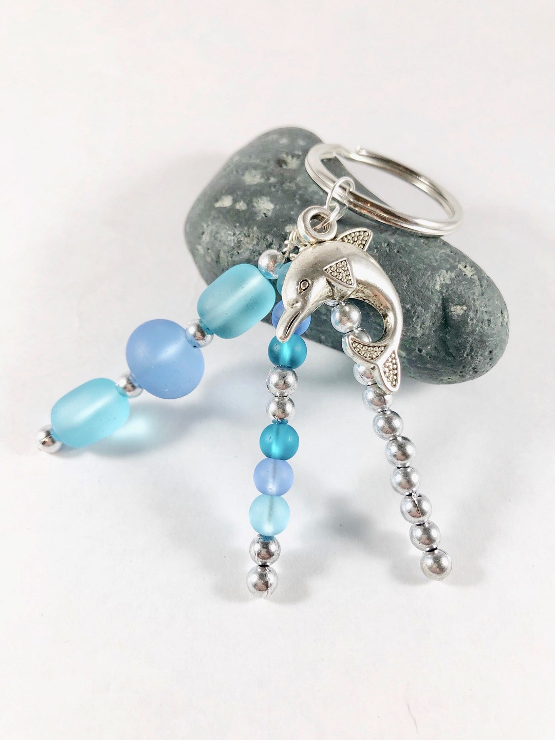 Sea Glass Keychain Blue Beaded Beach Glass Key Ring Dolphin Silver ...
