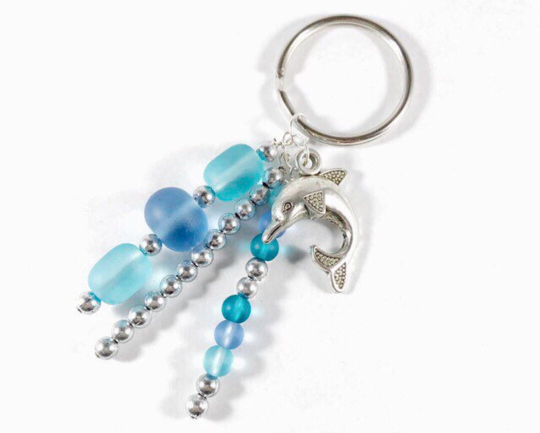 Sea Glass Keychain Blue Beaded Beach Glass Key Ring Dolphin - Etsy