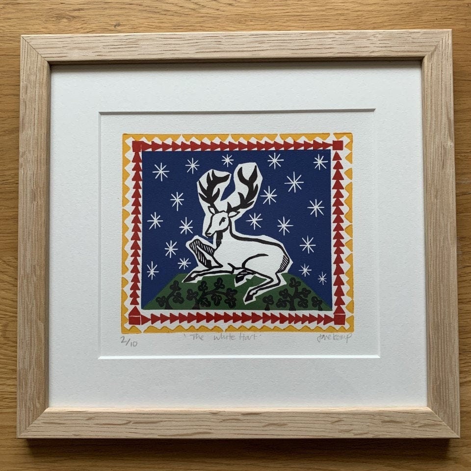 Lino Cut Hand Printed White Hart Deer Print - Etsy 日本