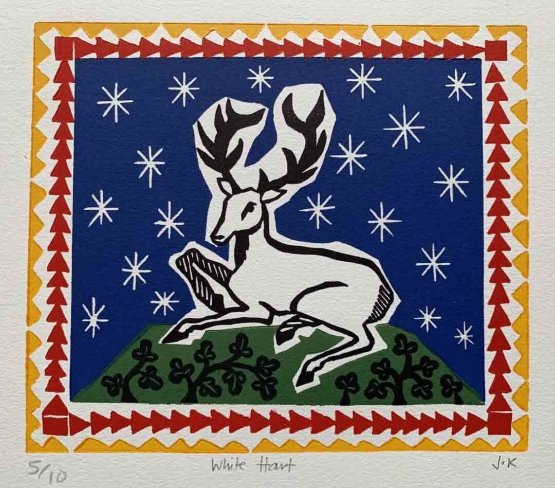 Lino Cut Hand Printed White Hart Deer Print - Etsy 日本