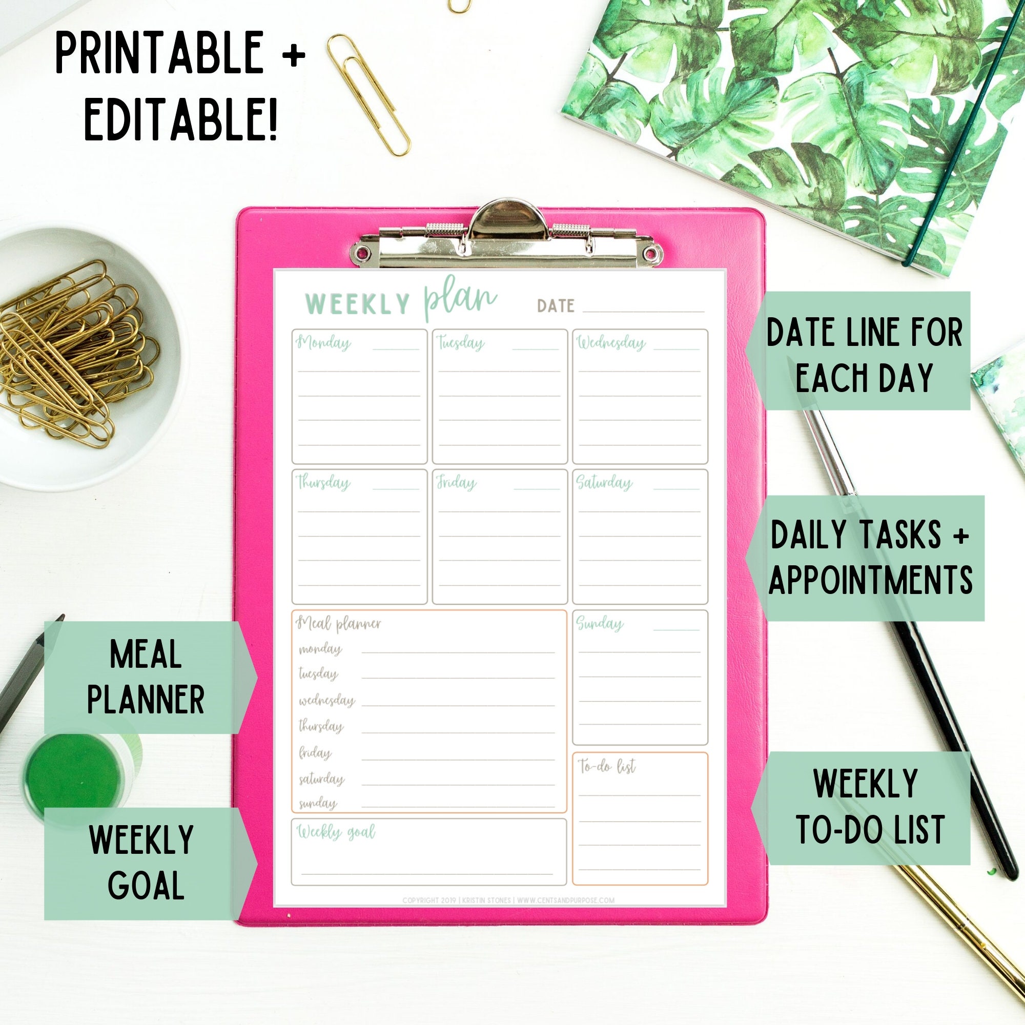 WEEKLY Planner Printable Page - Editable PDF Weekly Planner, Plan Your ...