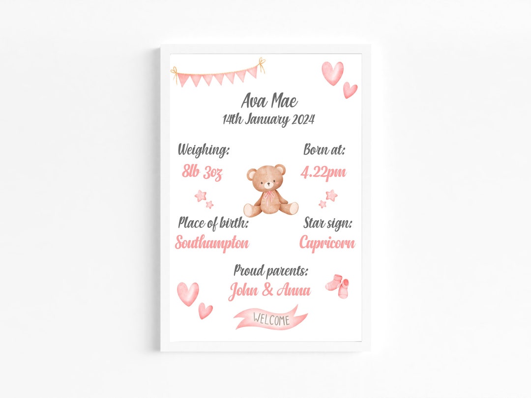 Personalised New Baby Print, New Baby Girl Print, Birth Details Gift ...