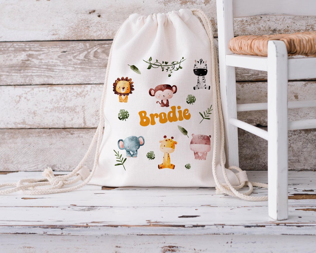 Personalised Jungle Animals Drawstring Bag, Safari Animals Bag, School ...