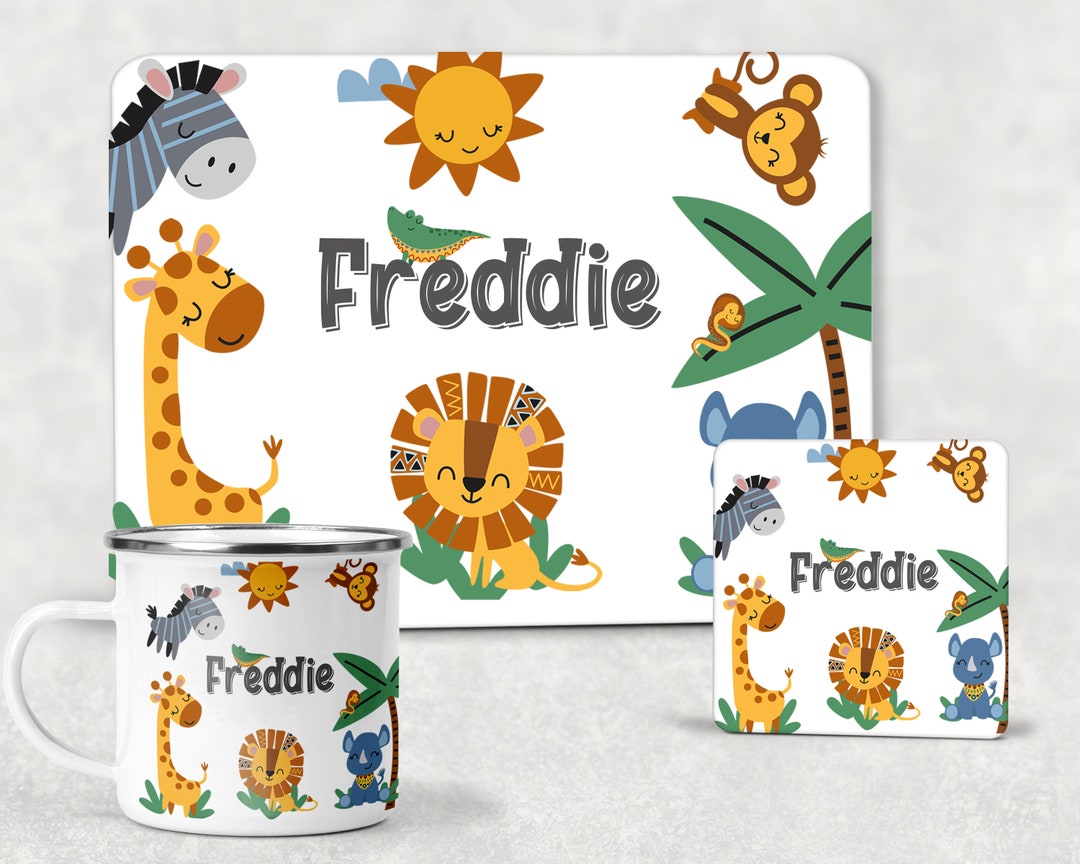 Personalised Jungle Animals Placemat and Enamel Mug and Coaster Set ...