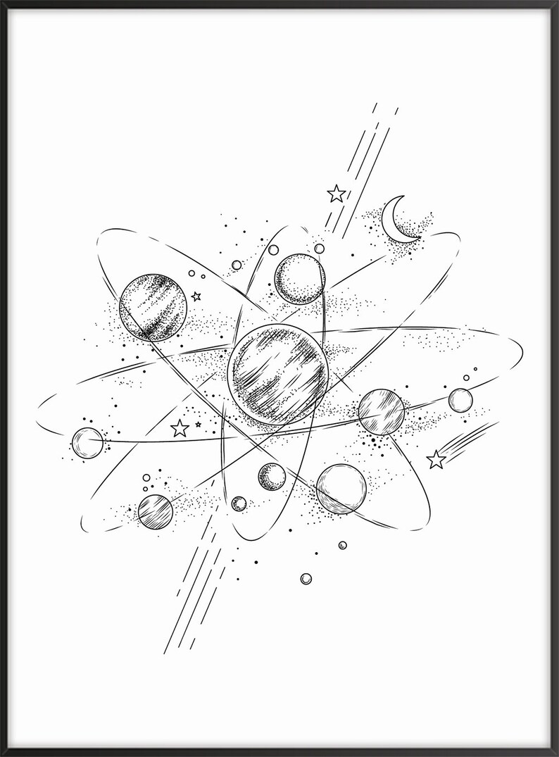 Solar System Print , Mystical Line Art Print, Moon and Planets ...