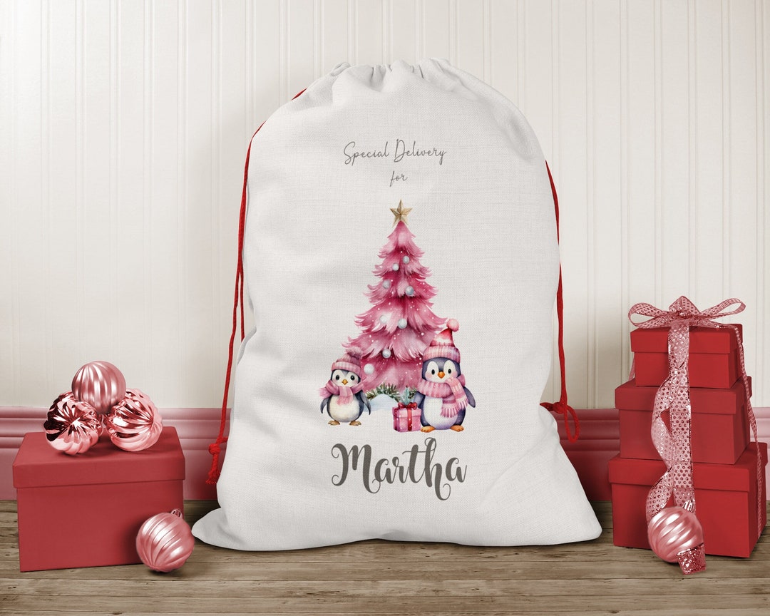 Personalised Christmas Sack Penguin Pink, Santa Sack, Girl's Christmas ...
