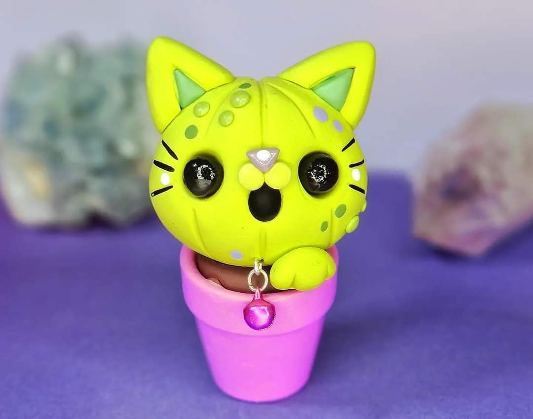 Catus Creepies Clay Sculpture Handmade Cat Kitty Cactus Cactus Cat Cute ...