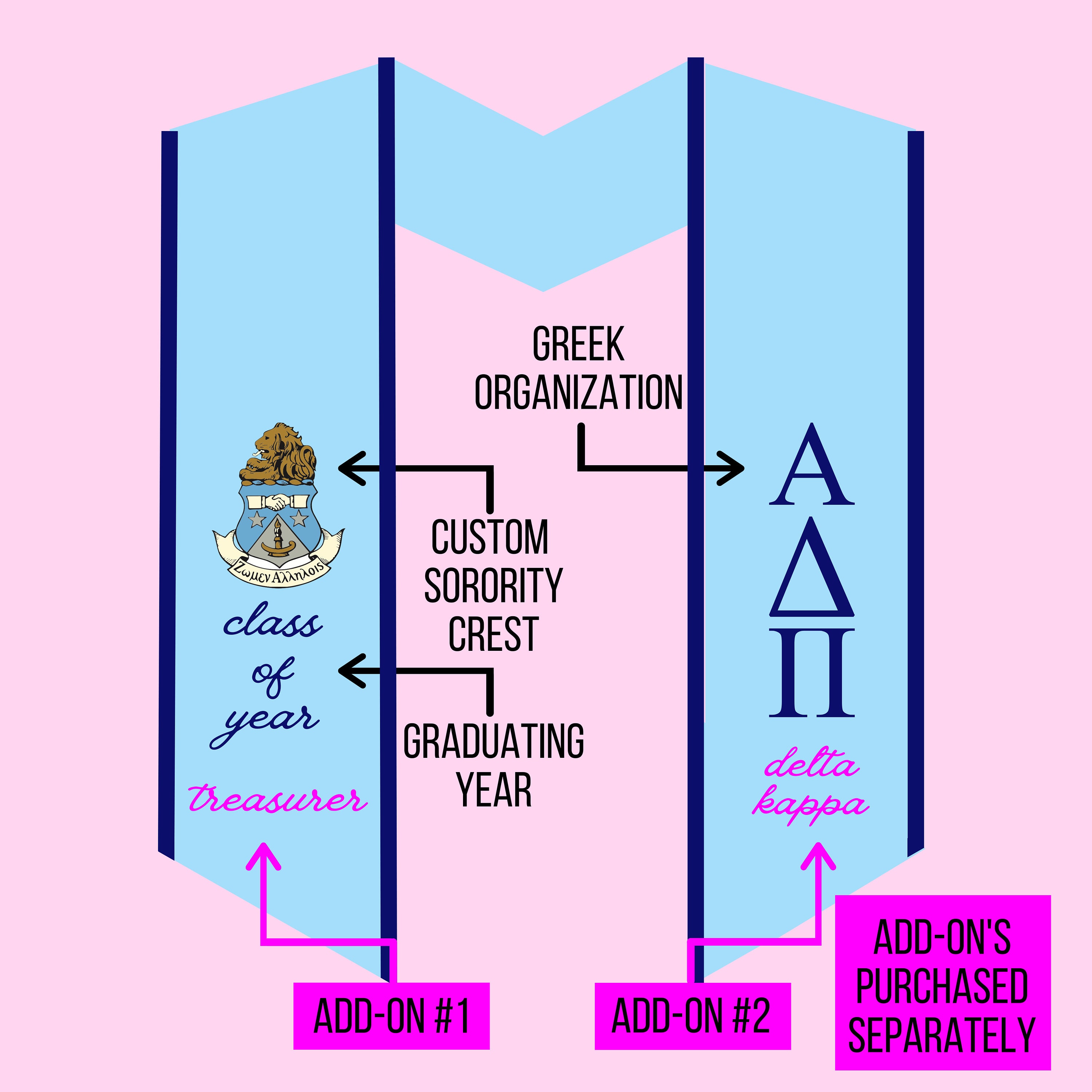 Sigma Alpha Omega Sorority Crest Graduation Angled Stole Trim / Greek ...