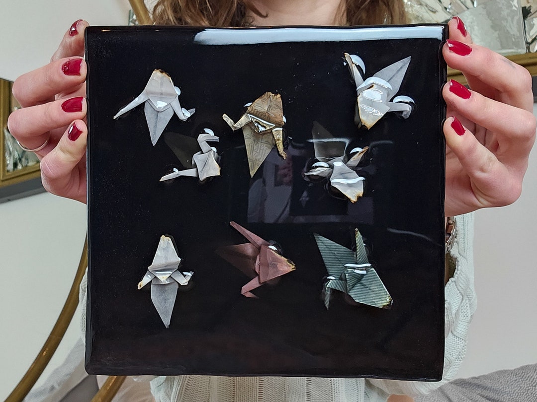Flying Paper Cranes Sinking Into Black Epoxy Resin Wall Art. Unique ...