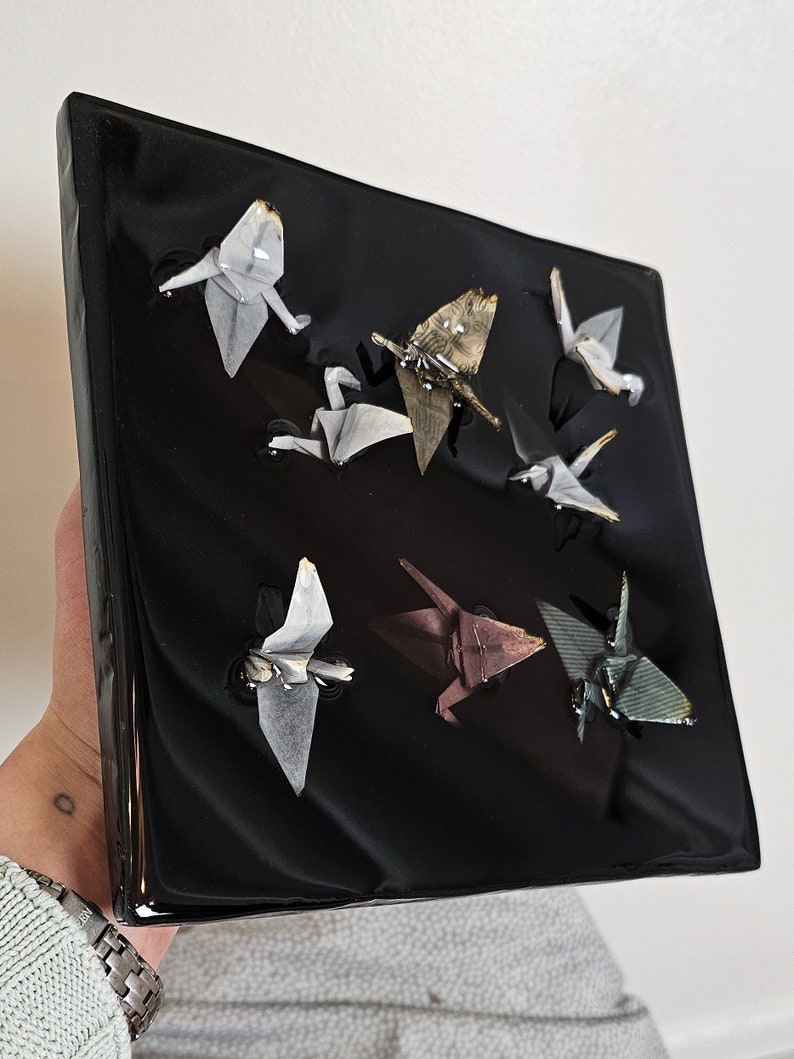 Flying Paper Cranes Sinking Into Black Epoxy Resin Wall Art. Unique ...