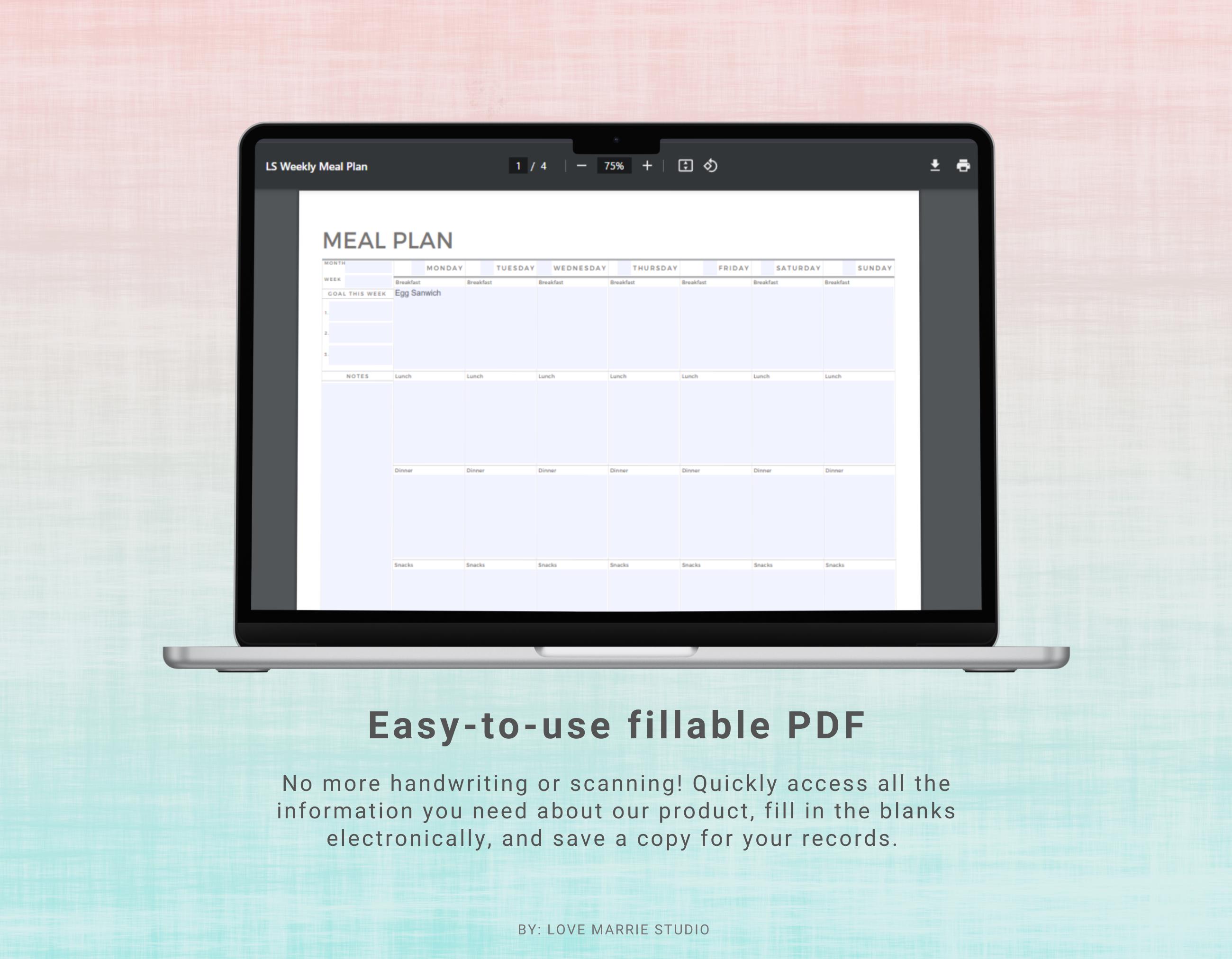 Fillable Meal Planner, Printable Weekly Meal Planner Landscape Digital ...