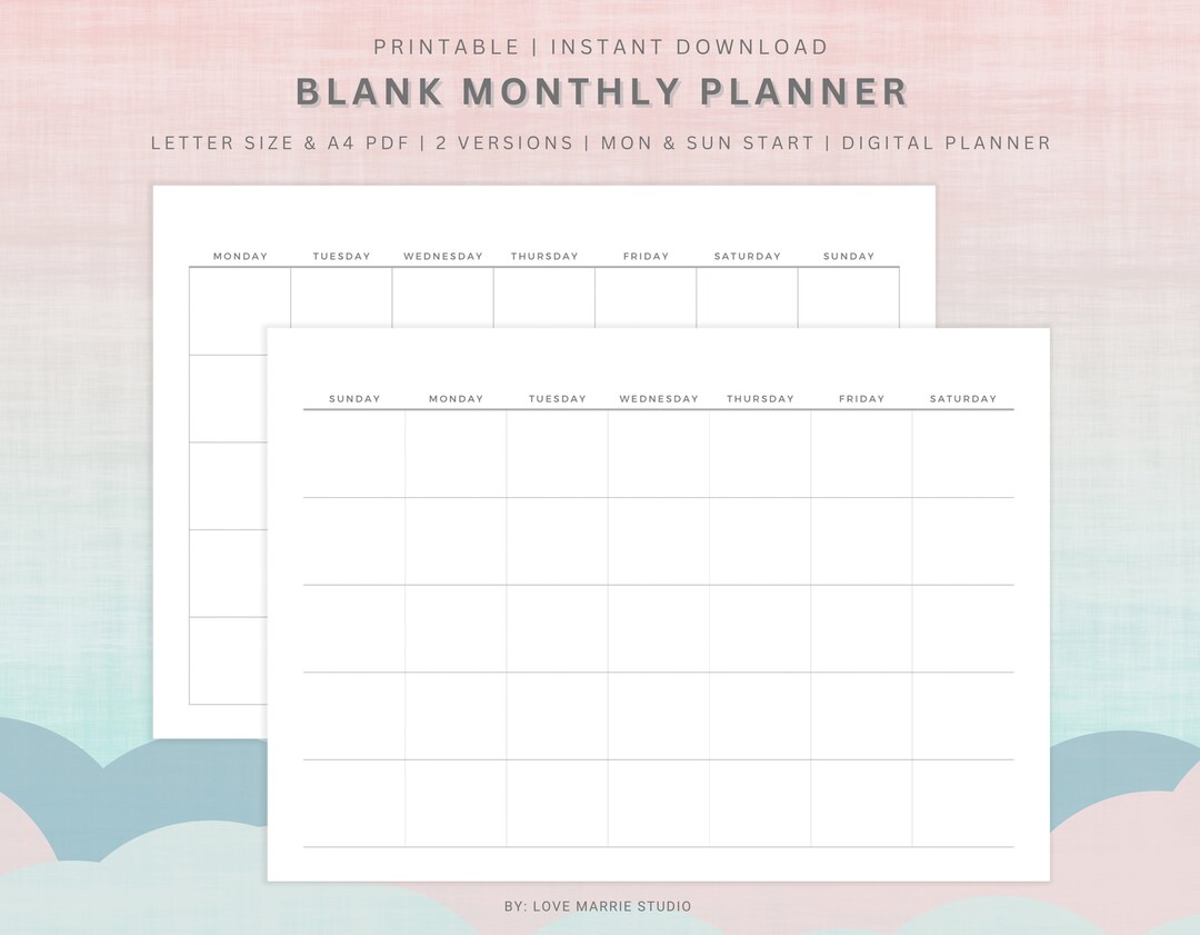 Blank Monthly Calendar Printable Landscape, Letter Size Undated Monthly ...