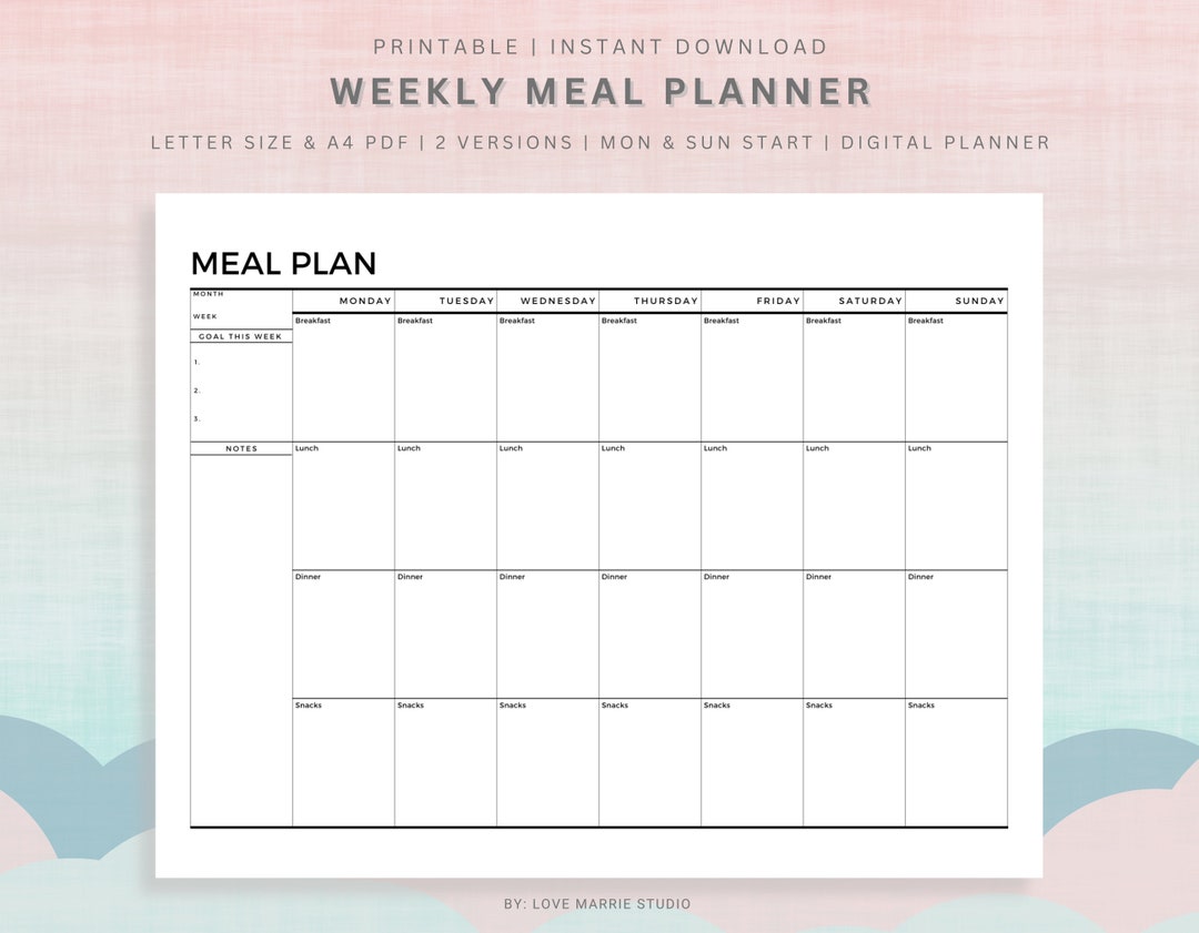 Fillable Meal Planner, Printable Weekly Meal Planner Landscape Digital ...