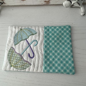 Spring Mug Rug April Showers, Machine Embroidery, ITH, Lacy Umbrellas ...