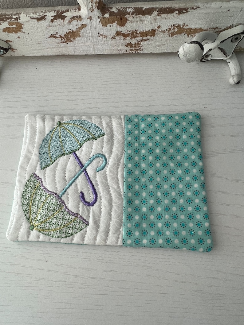 Spring Mug Rug April Showers, Machine Embroidery, ITH, Lacy Umbrellas ...