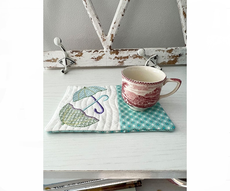 Spring Mug Rug April Showers, Machine Embroidery, ITH, Lacy Umbrellas ...