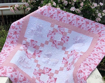 Sunbonnet Sue in Redwork Baby Quilt/ Toddler Blanket Hand Embroidered ...