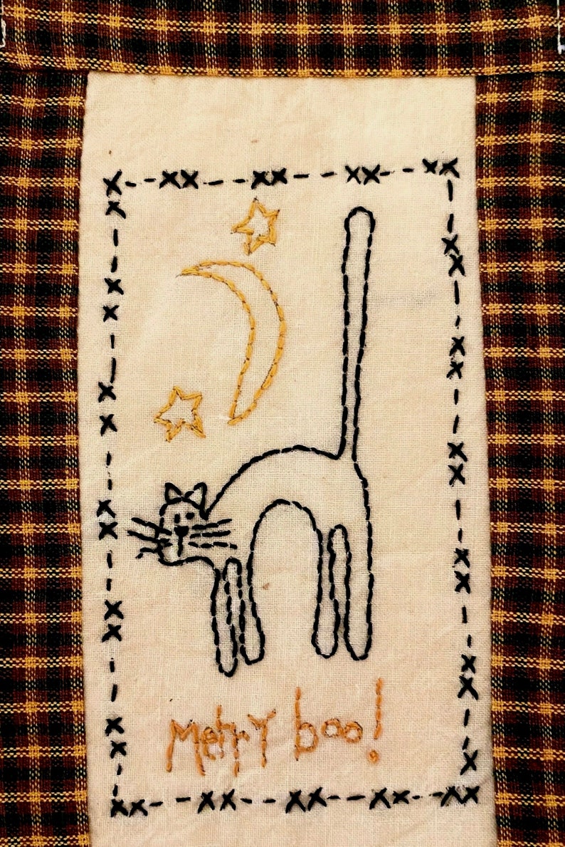 Primitive Halloween Embroidery Pattern: Cat & Moon Design (instant ...