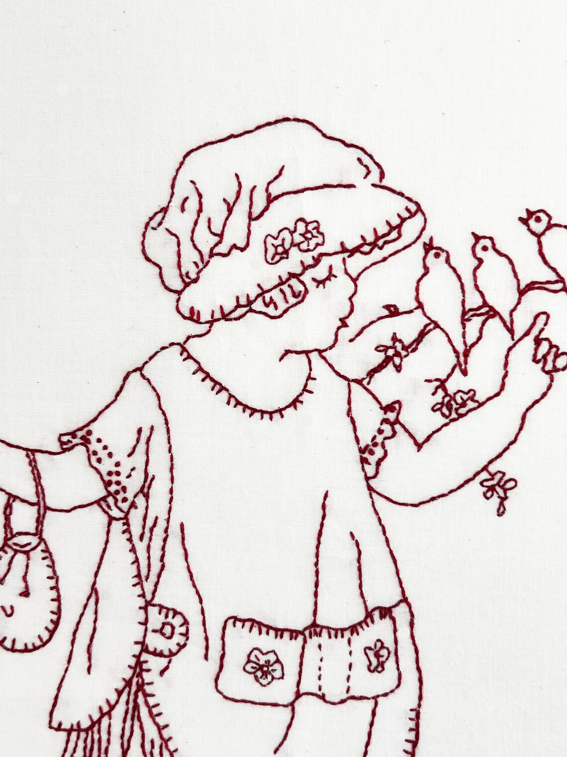 Redwork Hand Embroidery Girl With Birds - Instant Download - Etsy