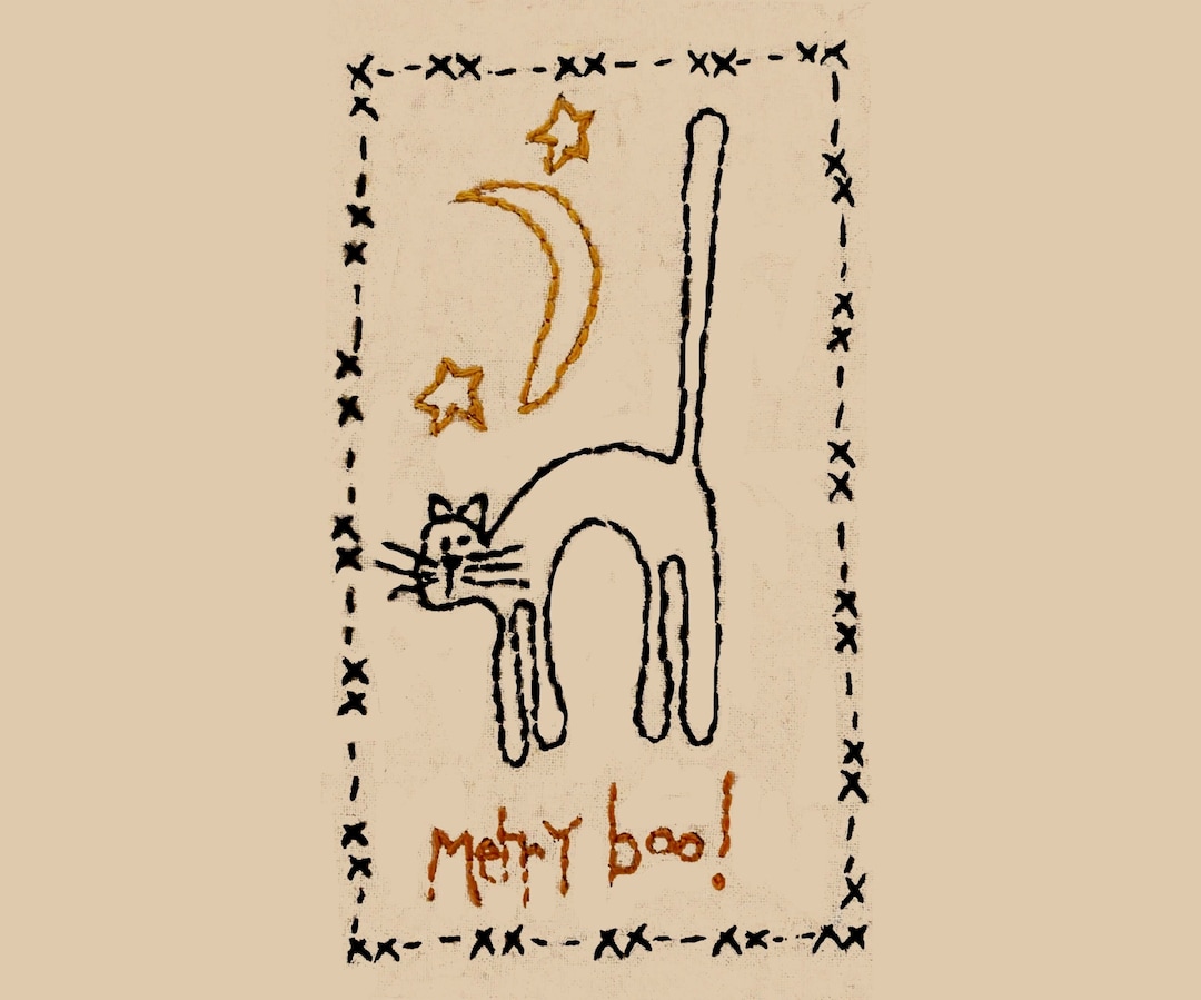 Primitive Halloween Embroidery Pattern: Cat & Moon Design (instant ...