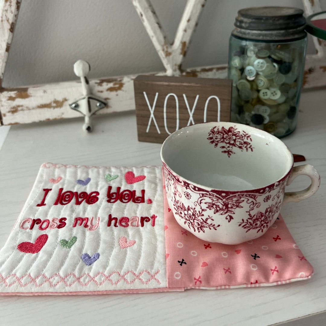 Valentine Mug Rug, Cross My Heart Mug Rug Pattern, ITH Machine ...