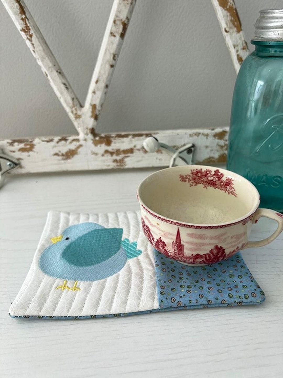 Spring Mug Rug, Baby Blue Bird, Machine Embroidery, ITH - Etsy