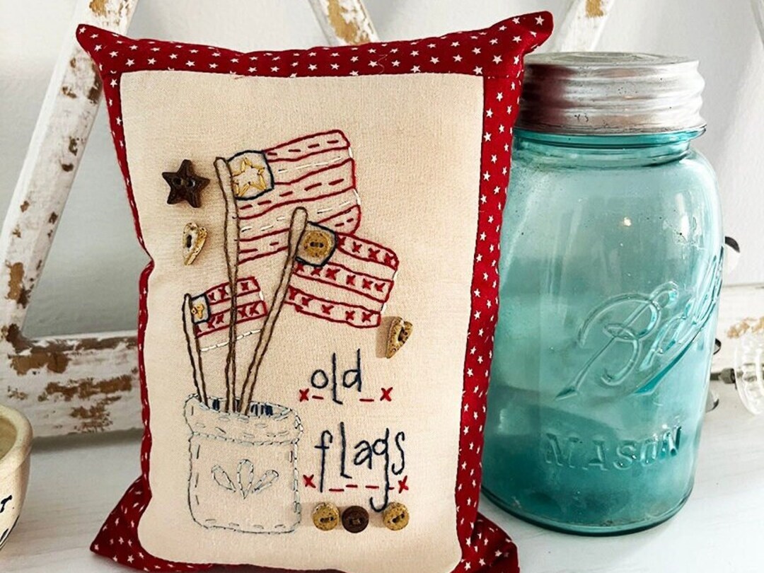 Primitive Old Flags Hand Embroidery, Old Flags in Crock, Patriotic ...