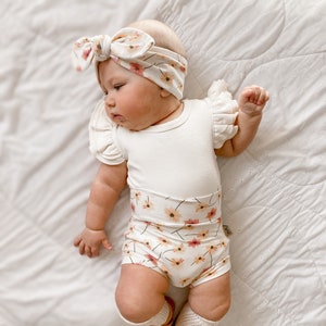 Cream Floral Bummies And/or Tiny Knot or Top Knot Headband Set, Baby Girl Clothes, Toddler ...