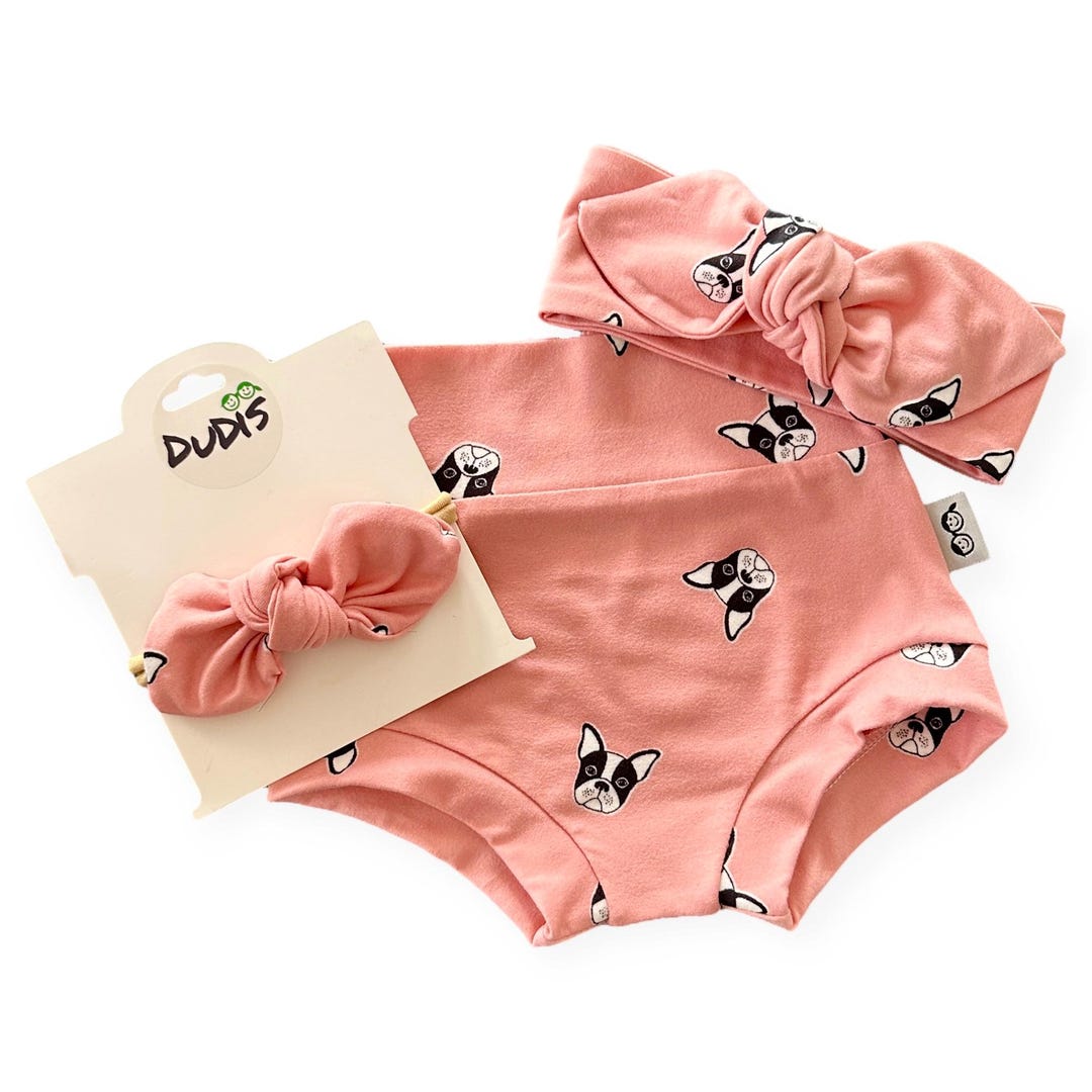 French Bulldog Baby Girl Outfit Peach Bummies & Headbands Set, Frenchie ...