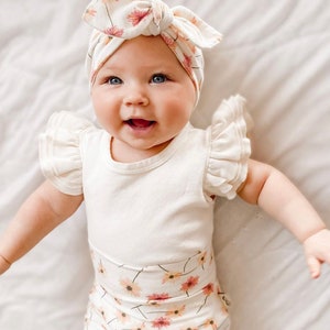 Cream Floral Bummies And/or Tiny Knot or Top Knot Headband Set, Baby Girl Clothes, Toddler ...