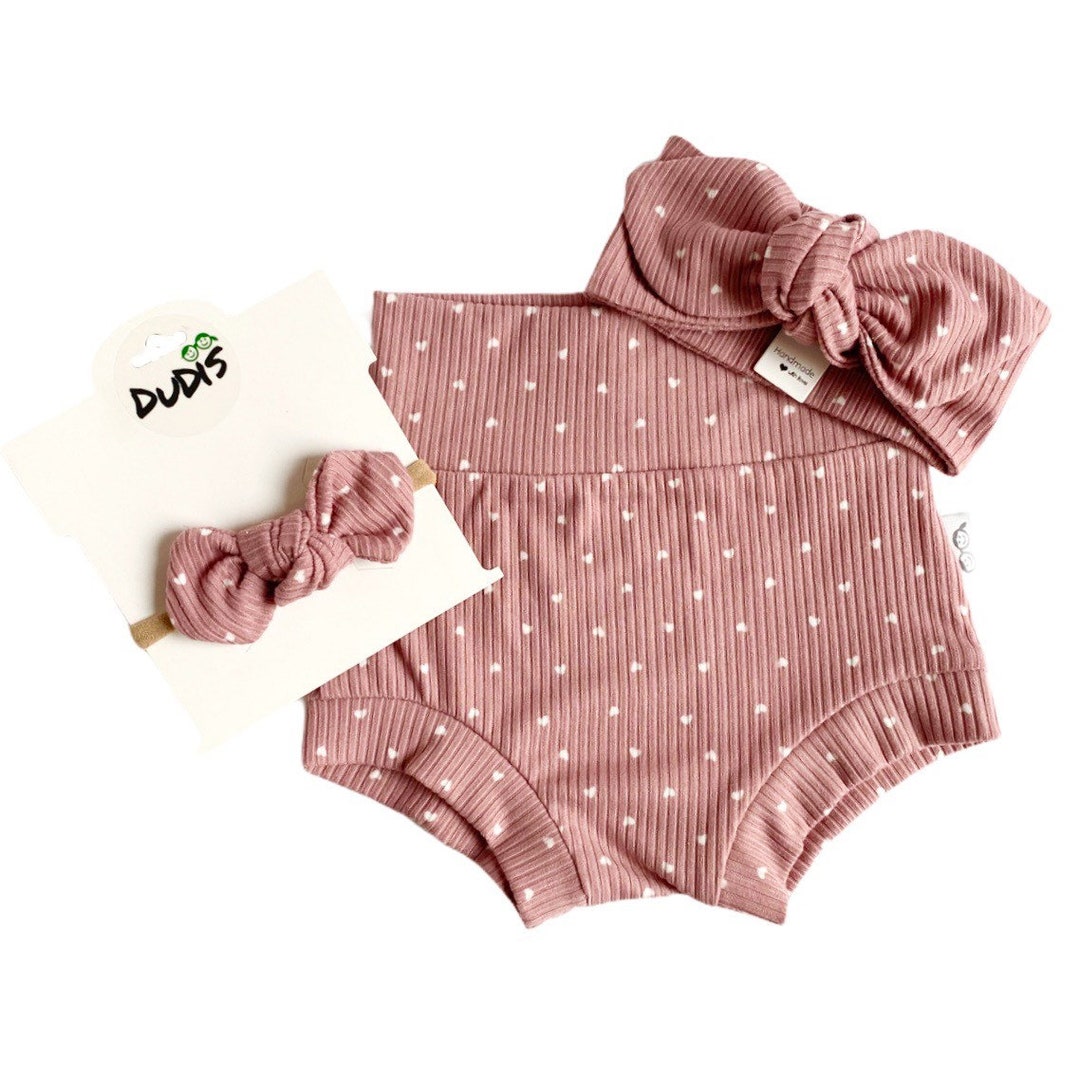 White Hearts on Dusty Pink Rib Bummies And/or Top Knot Headband Set, Baby Girl Cute Outfit ...
