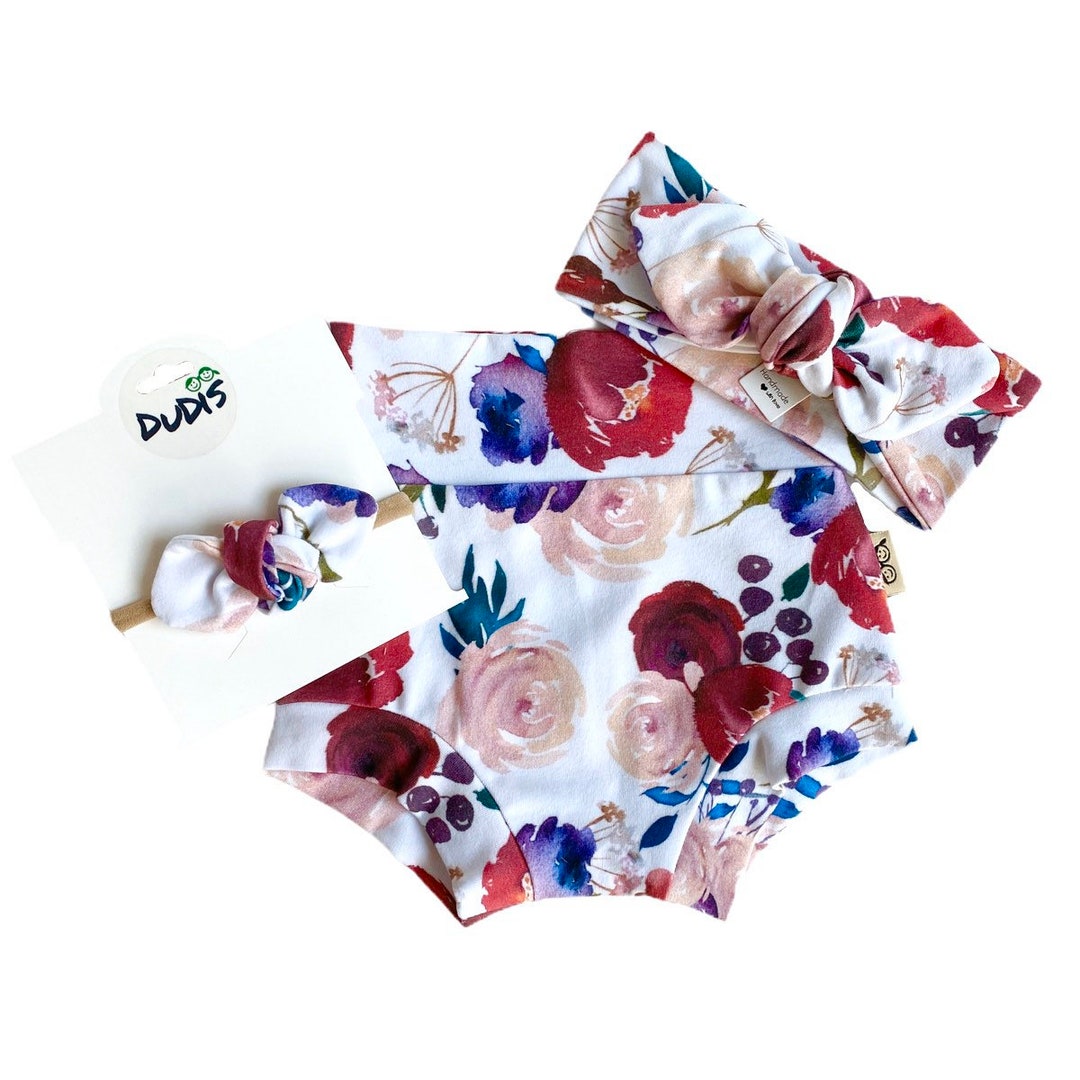 Burgundy Watercolor Floral Bummies And/or Top Knot Headband Set, Baby Girl Clothes, Toddler ...