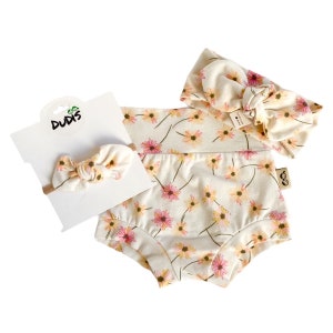 Cream Floral Bummies And/or Tiny Knot or Top Knot Headband Set, Baby Girl Clothes, Toddler ...