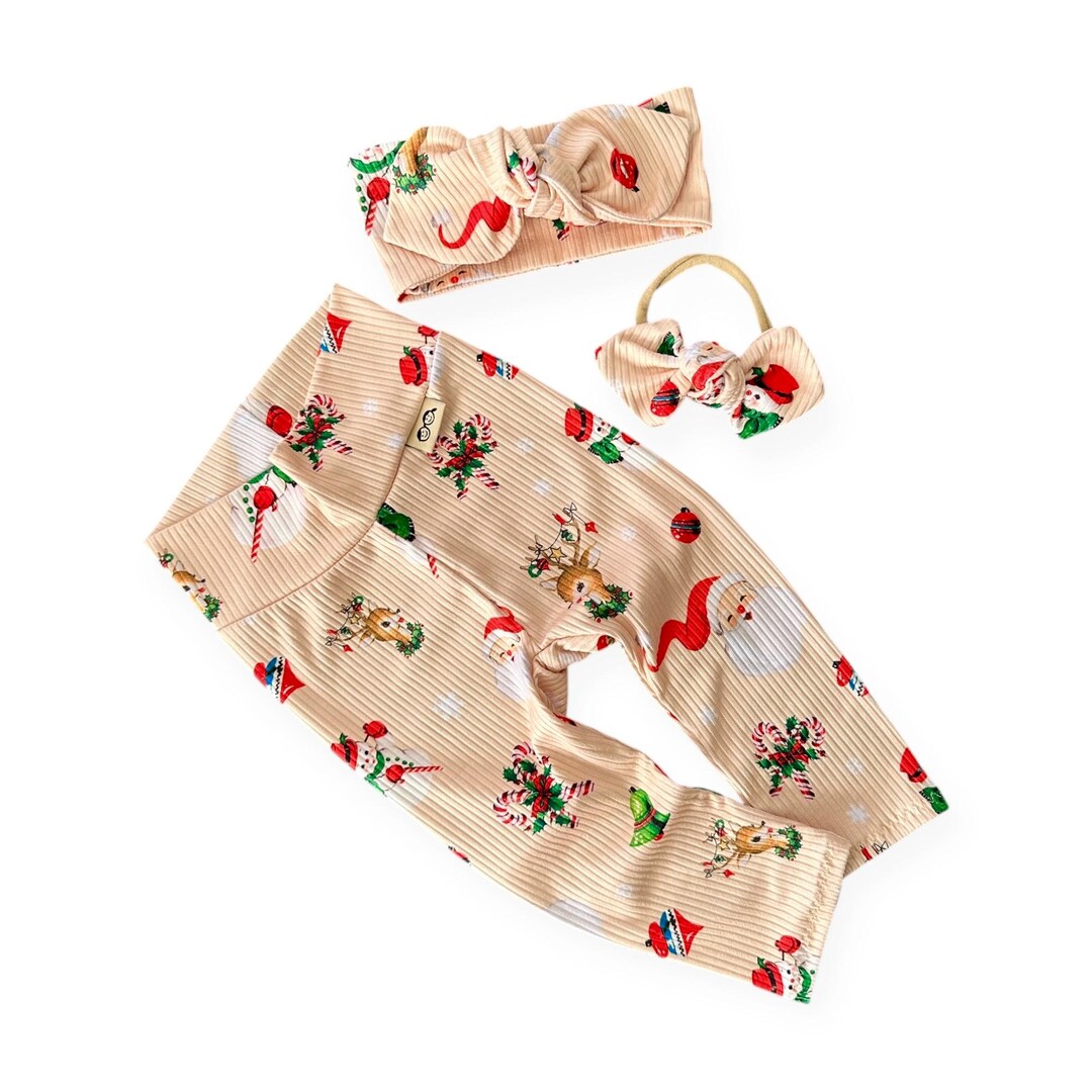Vintage Christmas Baby Leggings, Neutral Holiday Outfit, Retro Santa ...