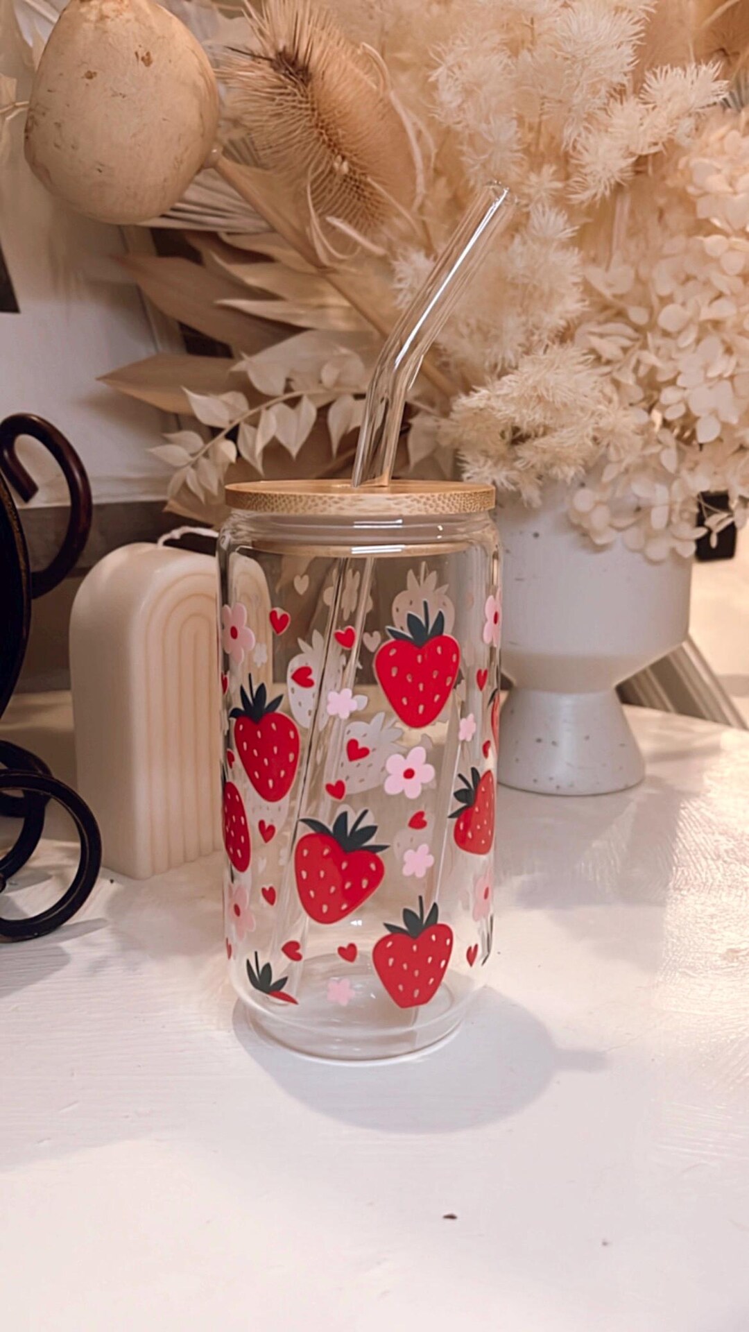 Red Strawberry Glass Tumbler 16oz, Iced Coffee Glass Cup With Lid and ...
