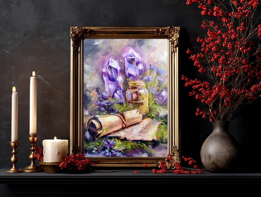 Amethyst Crystal Oil Painting: Magic Potion Jar & Spell Scroll - Witchy ...