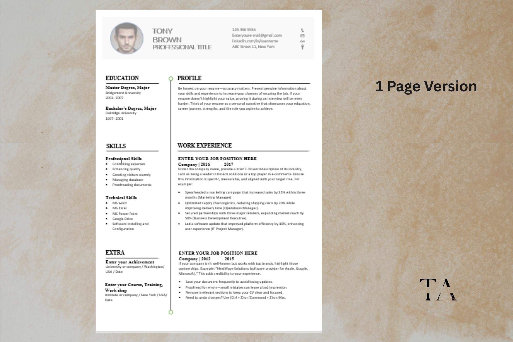 Resume Template Canva & Word | 1-2 Page CV With Photo | Cover Letter ...