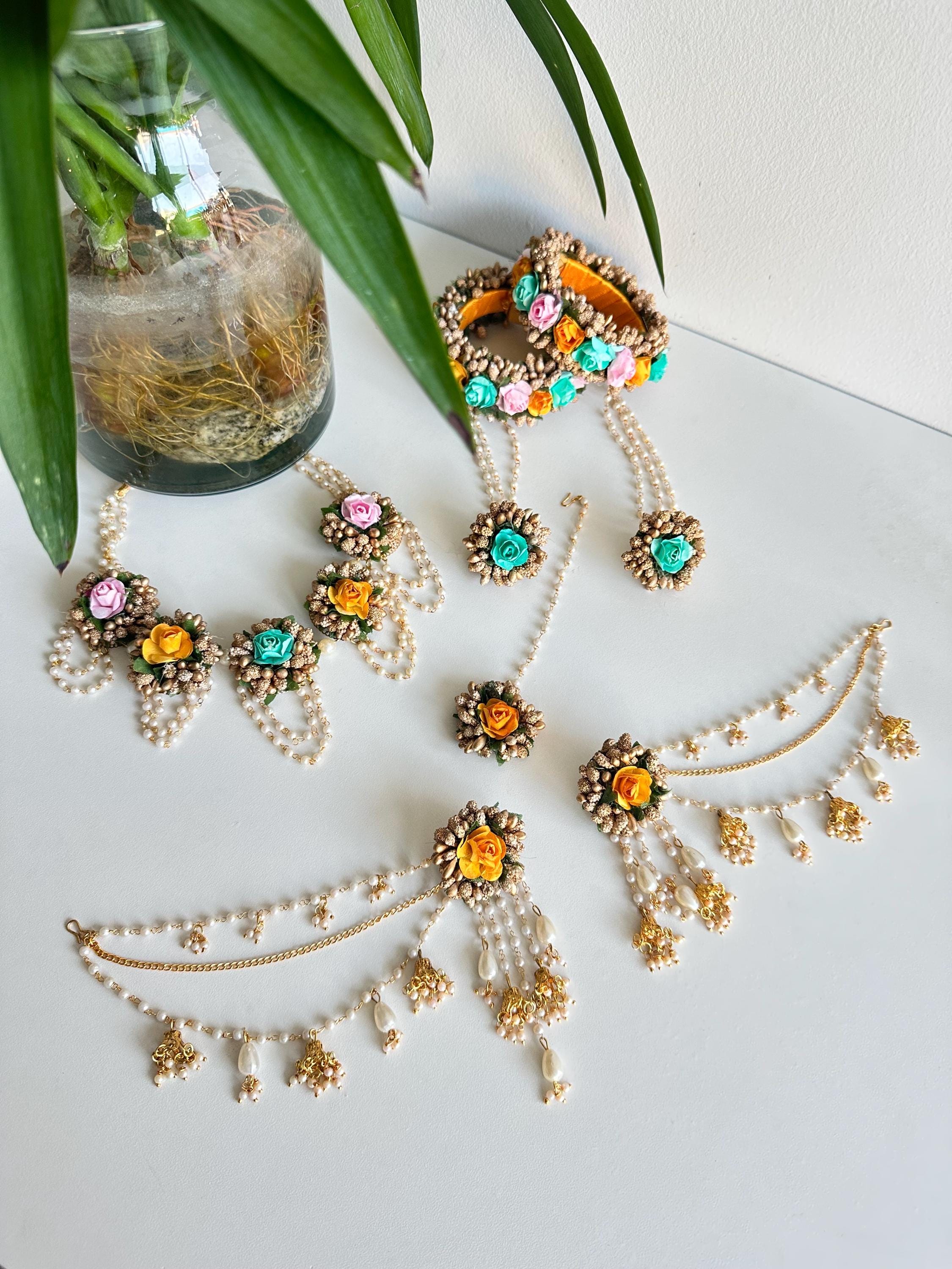Floral Haldi Jewelry Set: Pink Flower Bridal Jewelry - Etsy