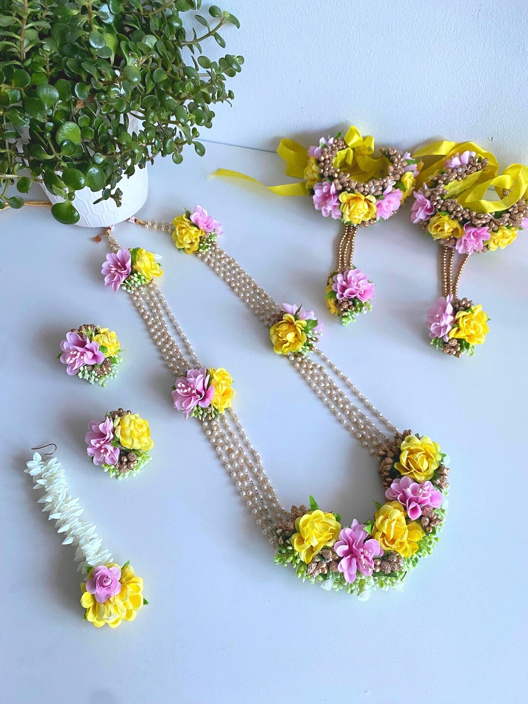 Floral Jewelry Set With Earrings, Necklace | Bridal Haldi | Yellow Red ...