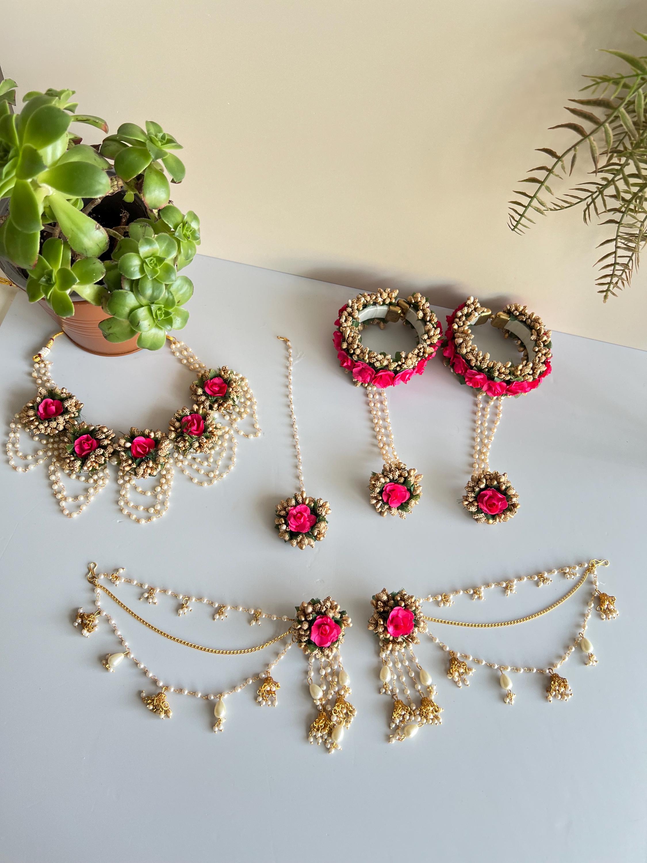Floral Haldi Jewelry Set: Pink Flower Bridal Jewelry - Etsy