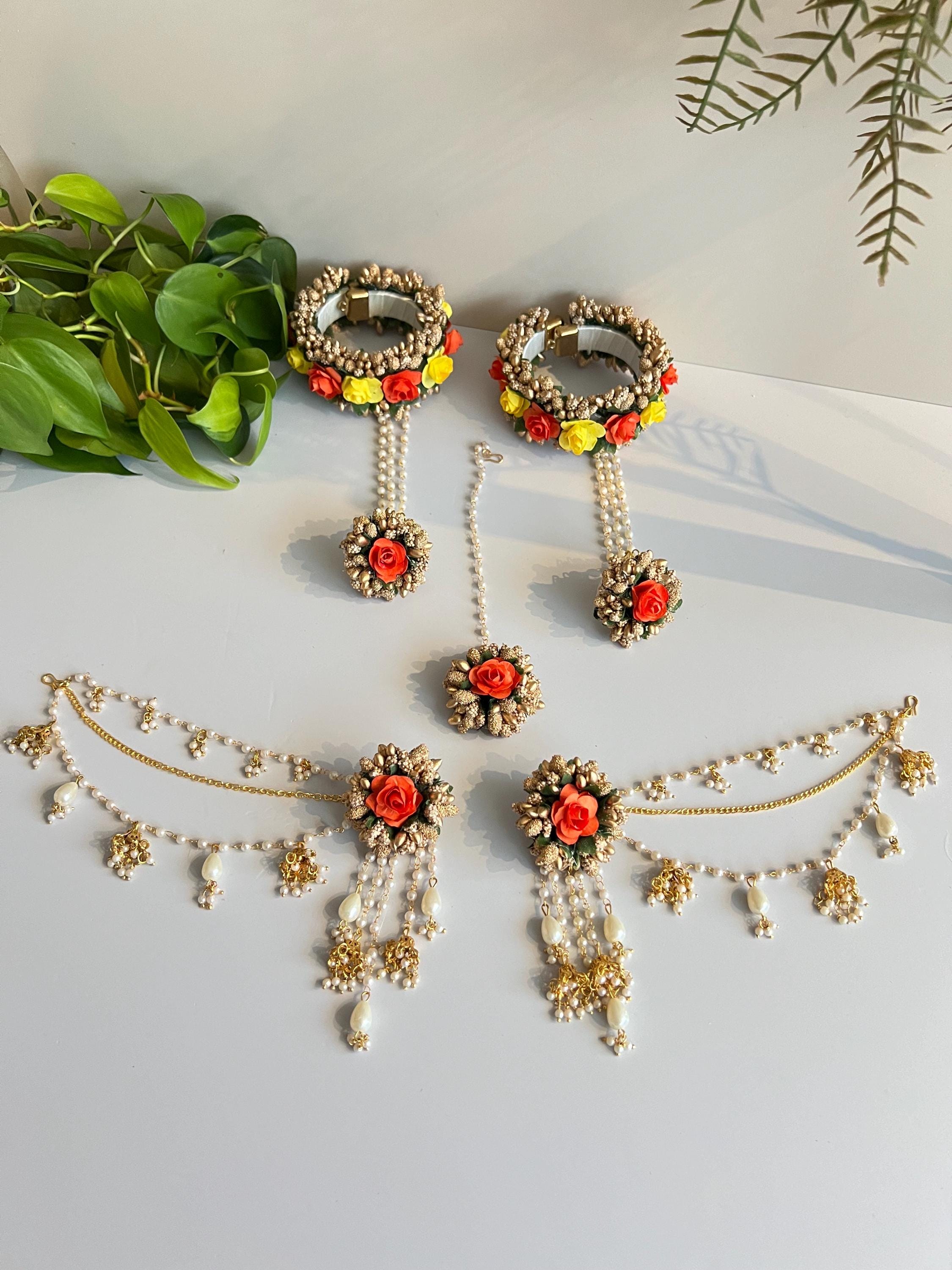 Floral Haldi Jewelry Set: Jhumkas, Tikka & Hand Pieces - Etsy