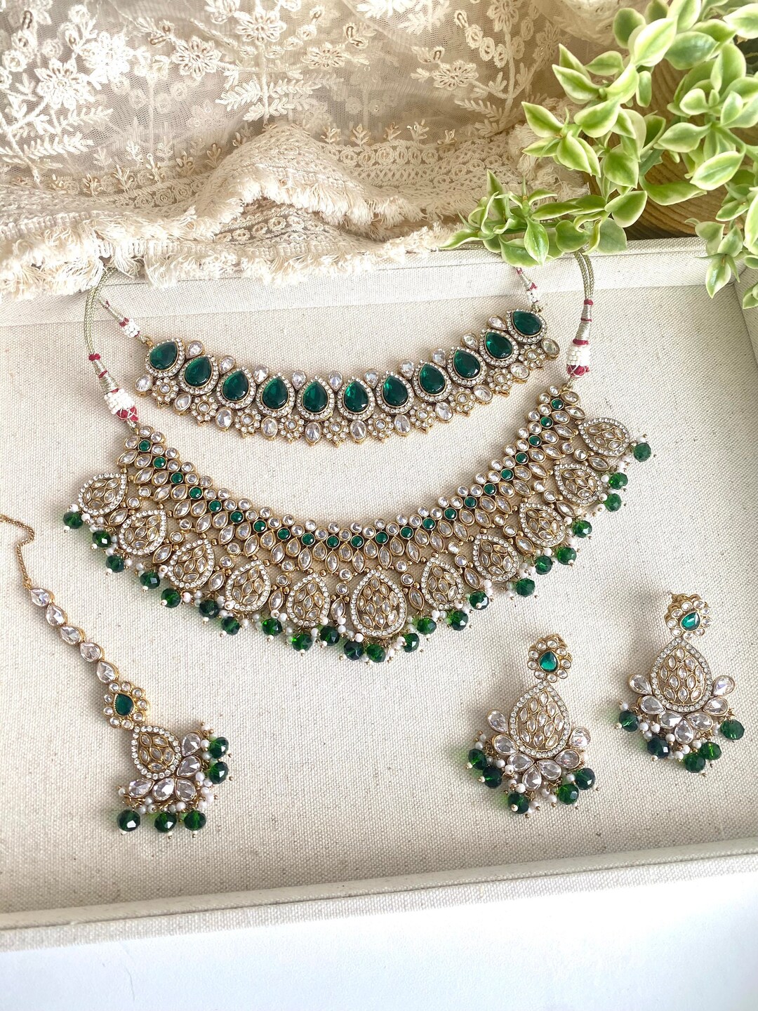 Green Bridal Set / Double Necklace / Choker / Indian / Two Layer ...