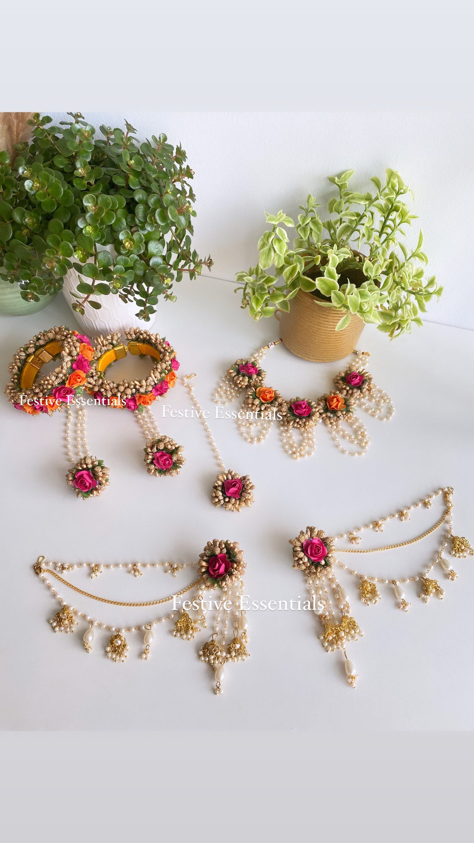 Floral Haldi Jewelry Set: Pink Flower Bridal Jewelry - Etsy