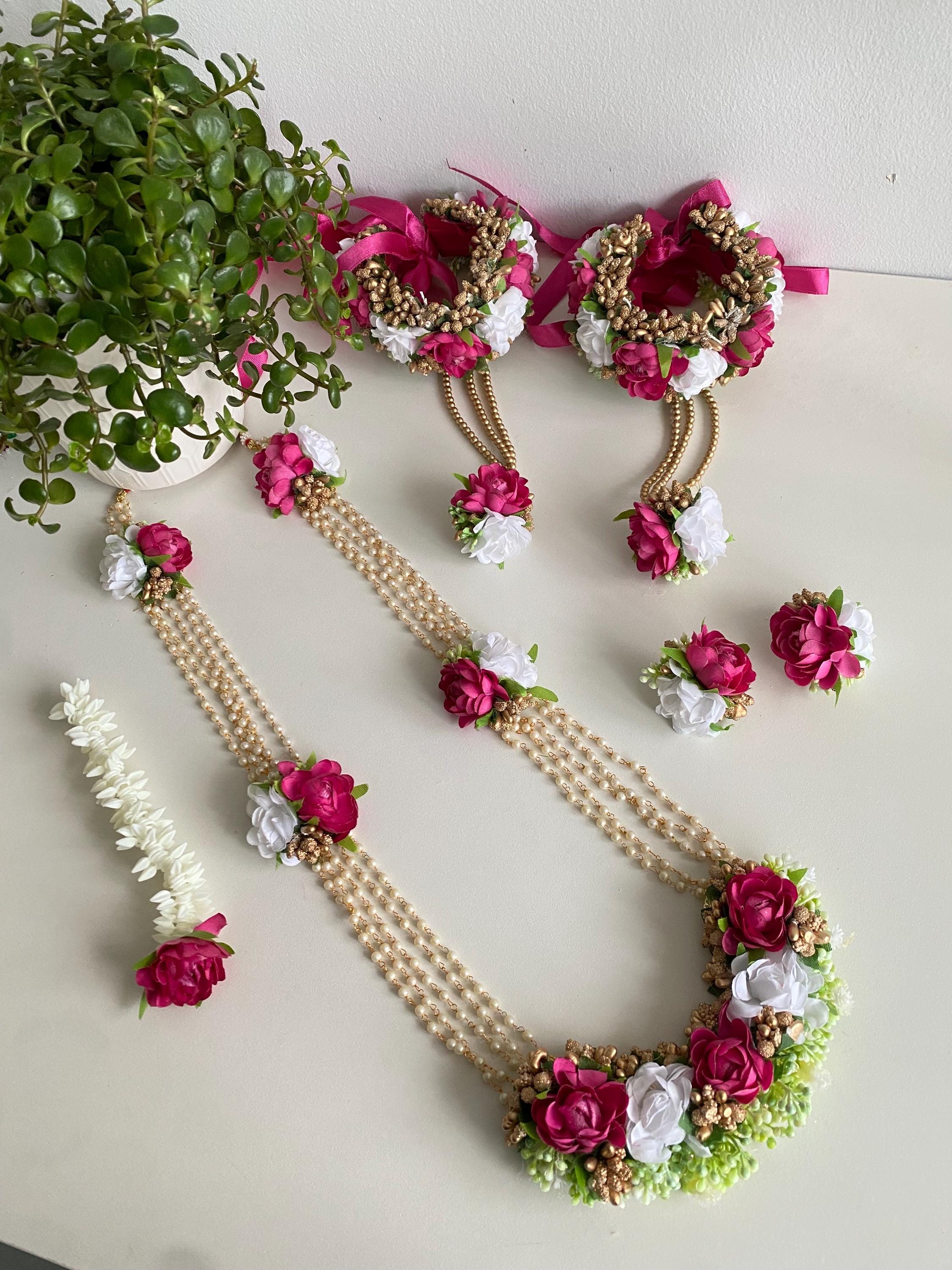 Floral Jewelry Set With Earrings, Necklace | Bridal Haldi | Yellow Red ...