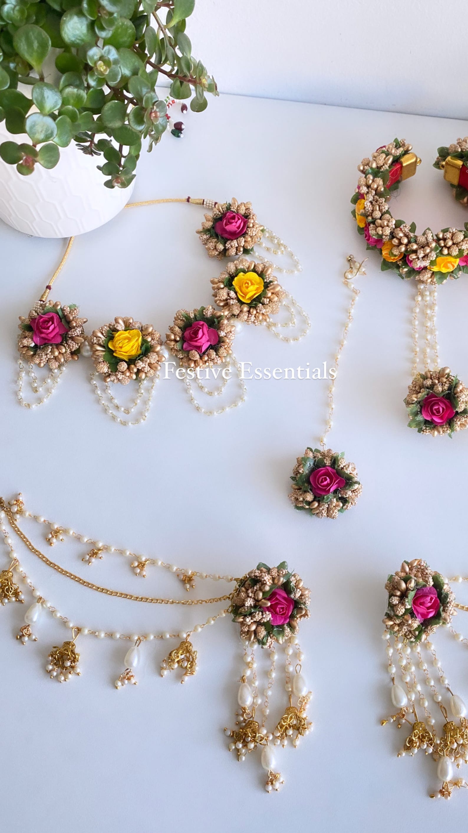 Floral Haldi Jewelry Set: Pink Flower Bridal Jewelry - Etsy