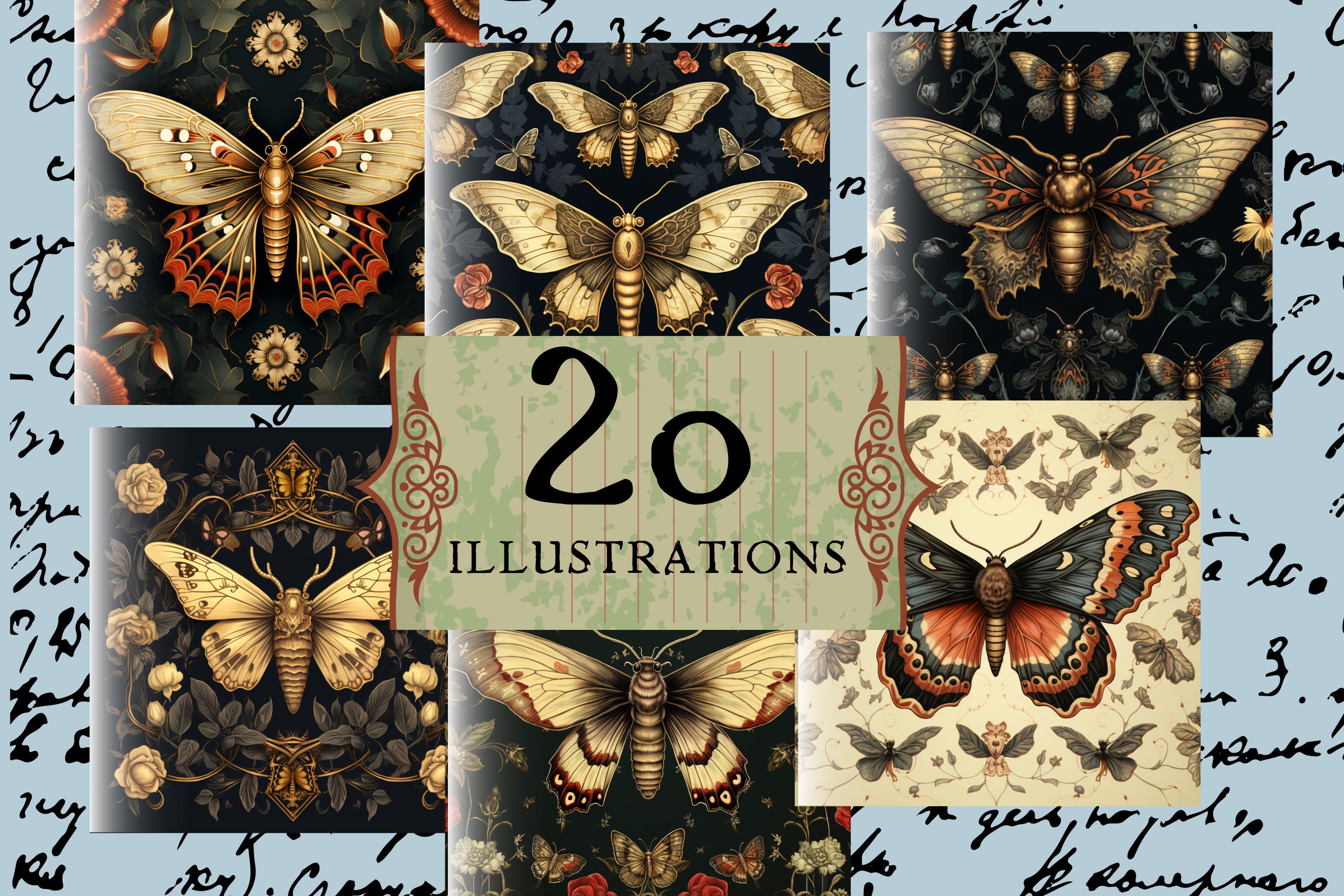 Moth Seamless Tile Pattern, 20 Beautiful Vintage Illustrations, Use for ...