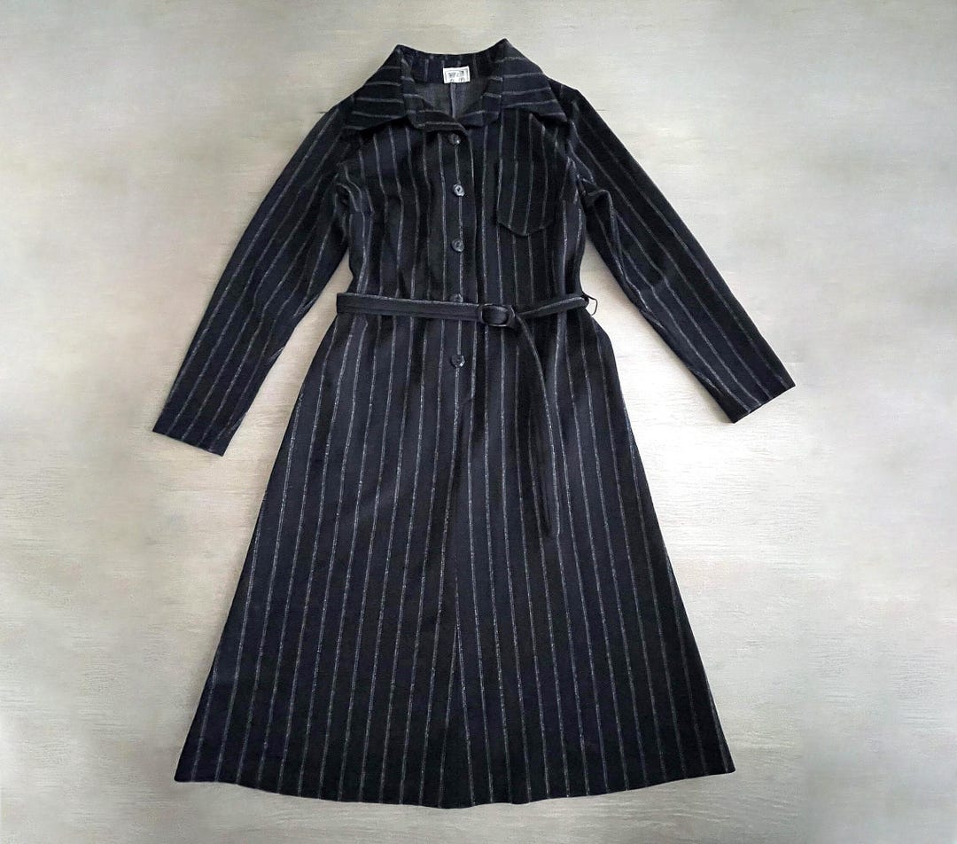 Vintage 70s Barbarella Black Striped Midi Dress With Belt, Made in ...