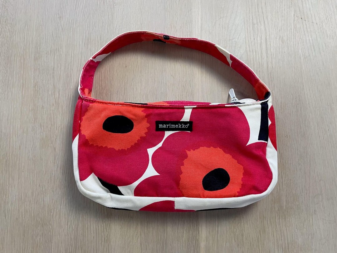 MARIMEKKO Unikko Vintage Bag, Poppy Print Baguette Bag, Red Canvas ...